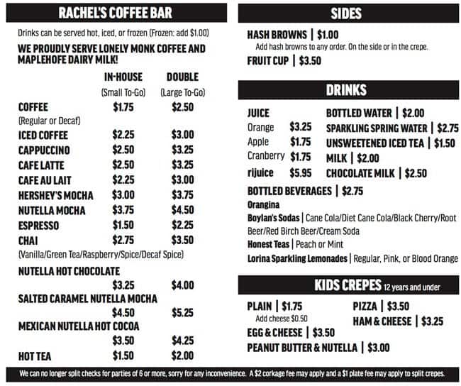 Menu at Rachel's Cafe & Creperie, Lancaster