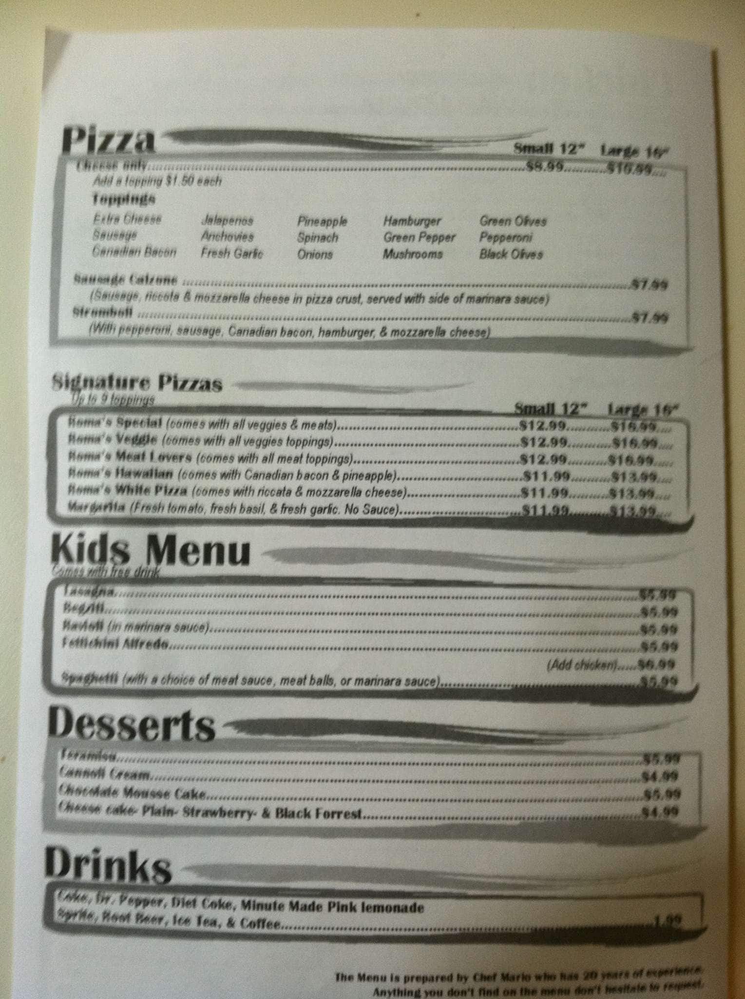 Menu at Roma's Italian Restaurant, Clovis