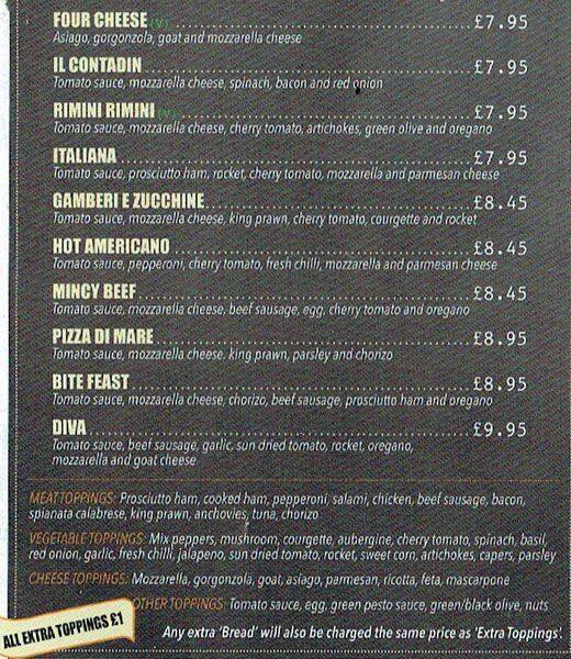 Menu at The Bite pizzeria, London, 533 Kingsland Road