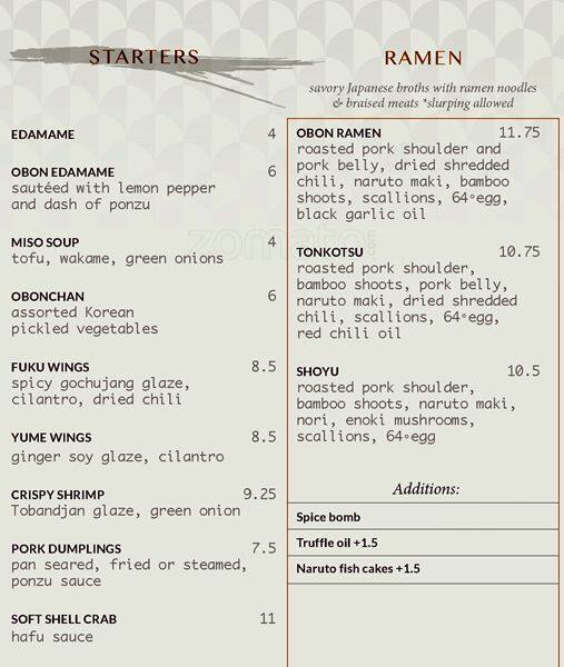 Obon Menu, Menu for Obon, Congress Street, Tucson - Urbanspoon/Zomato