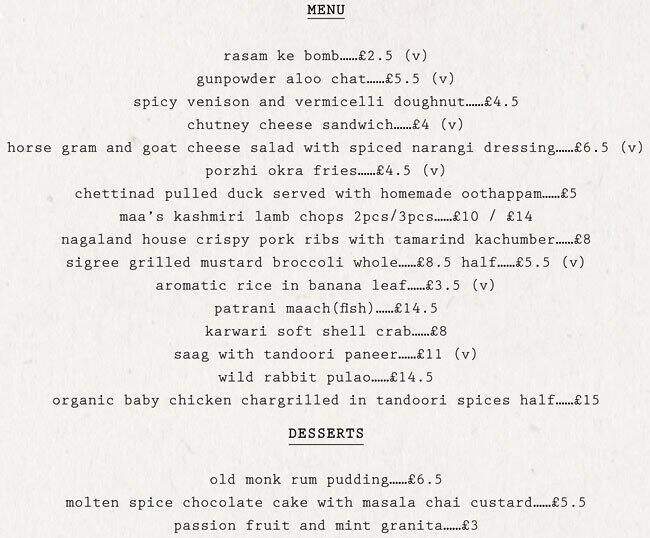 Menu at Gunpowder Spitalfields restaurant, London