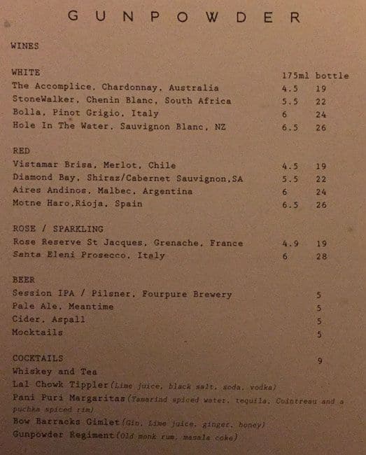 Menu at Gunpowder Spitalfields restaurant, London