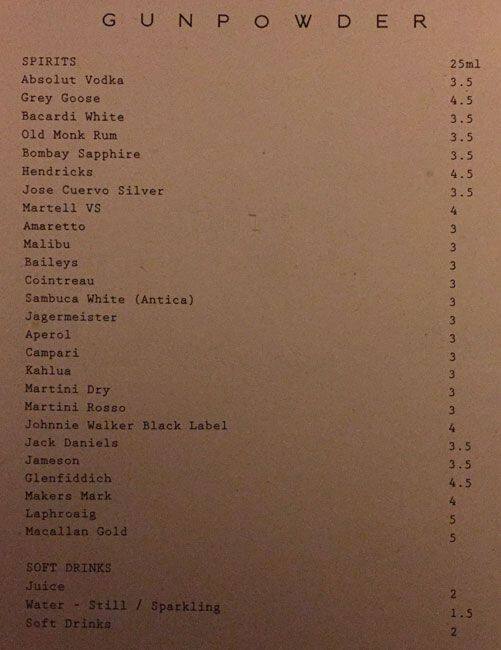 Menu at Gunpowder Spitalfields restaurant, London