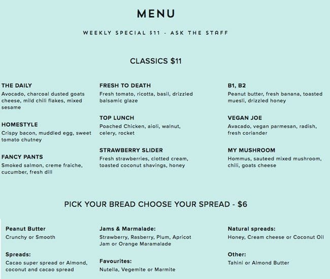 Menu at Mr Toppers Toast Bar, Bondi Beach