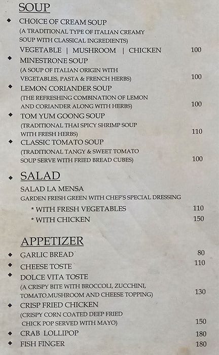 Menu of La Mensa Ethnic Italian, Peelamedu, Coimbatore