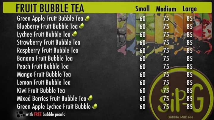 Menu at Sip-G Milk Tea, Cainta