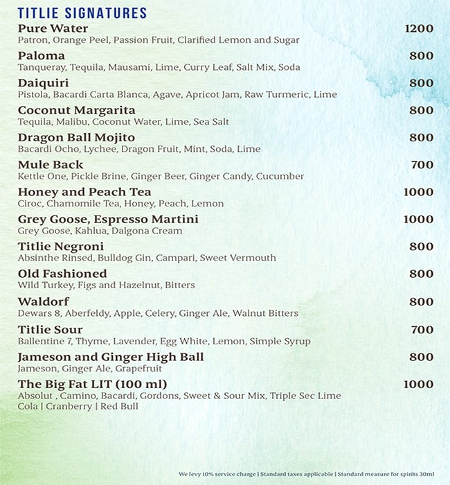 Menu of Titlie, Vagator, Goa