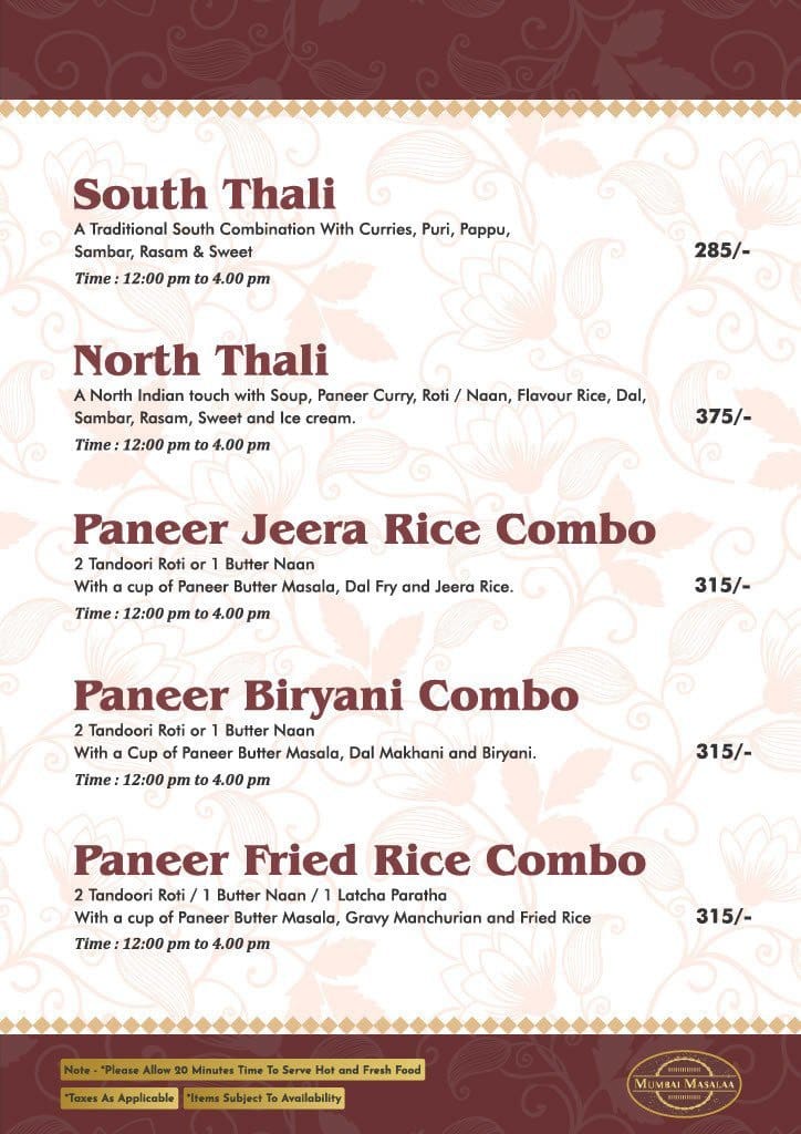 Menu of Mumbai Masalaa, Begumpet, Hyderabad