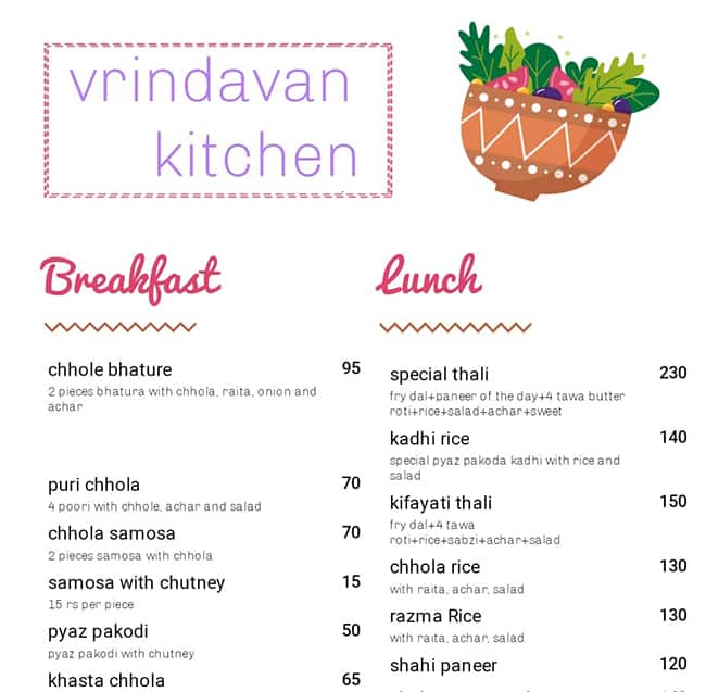 Menu of Vrindavan Kitchen, Aashiana, Lucknow