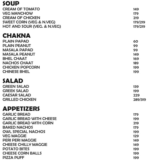 Menu of The Owl Cafe, Vikas Marg, New Delhi