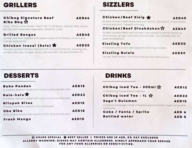 Menu of Chibog Restaurant, Jumeirah Lake Towers (JLT), Dubai