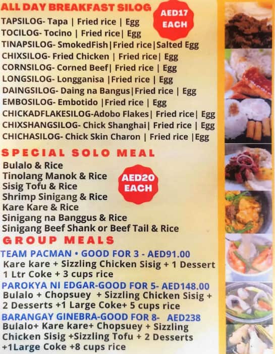Menu at Pinoy Avenue Restaurant, Abu Dhabi