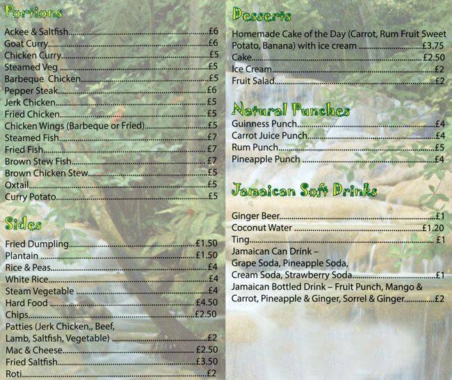 Menu at Jamaican Cuisine, London
