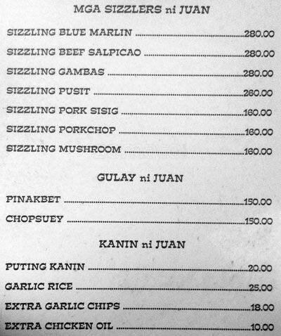 Menu at JT's Manukan restaurant, Quezon City, 317 Katipunan Avenue