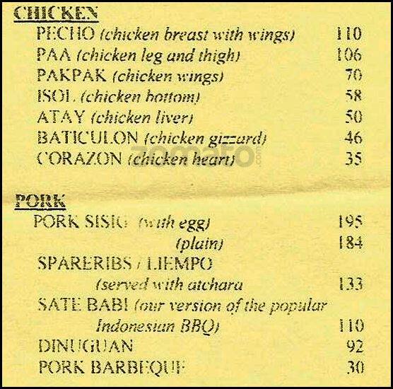 Menu at JT's Manukan restaurant, Quezon City, 317 Katipunan Avenue