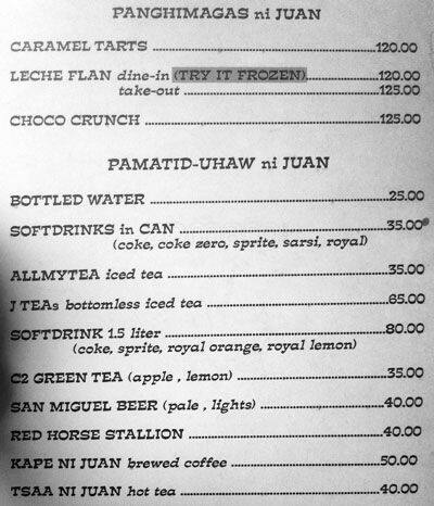 Menu at JT's Manukan restaurant, Quezon City, 317 Katipunan Avenue