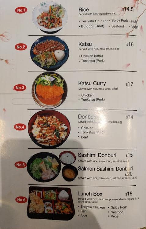 Menu at Sushi Sora restaurant, Auckland