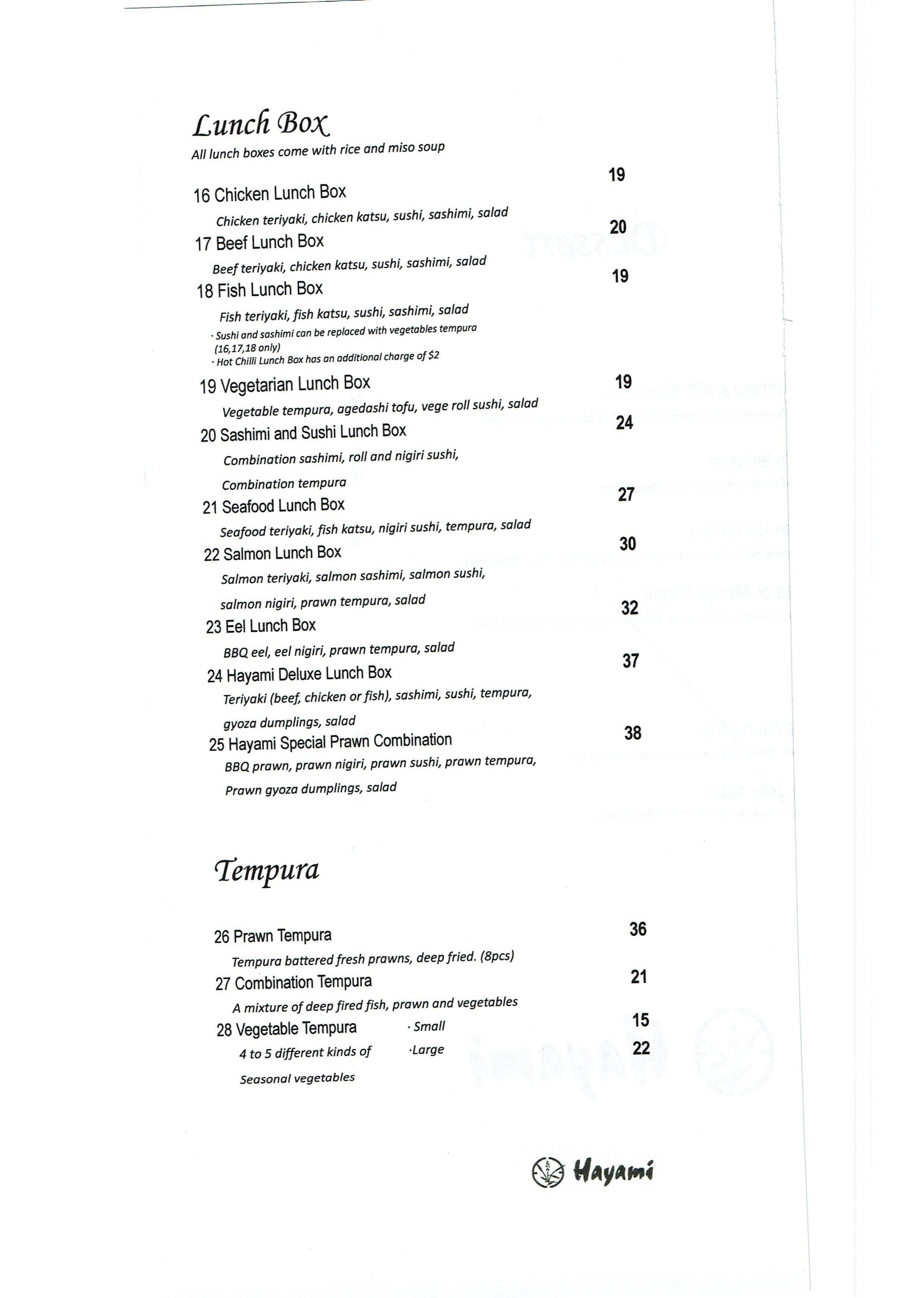 Menu at Hayami Japanese Restaurant, Orewa
