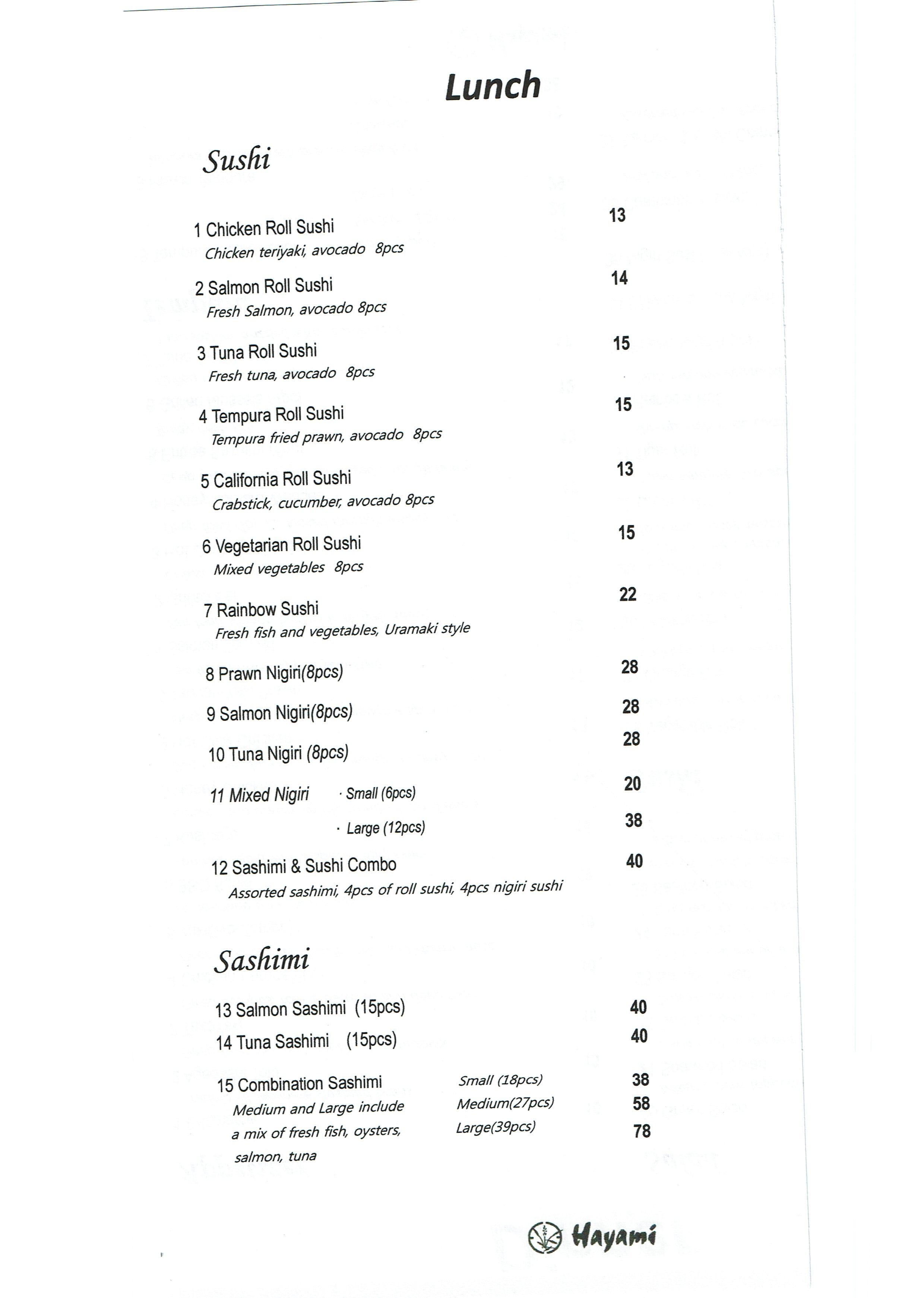 Menu at Hayami restaurant, Orewa
