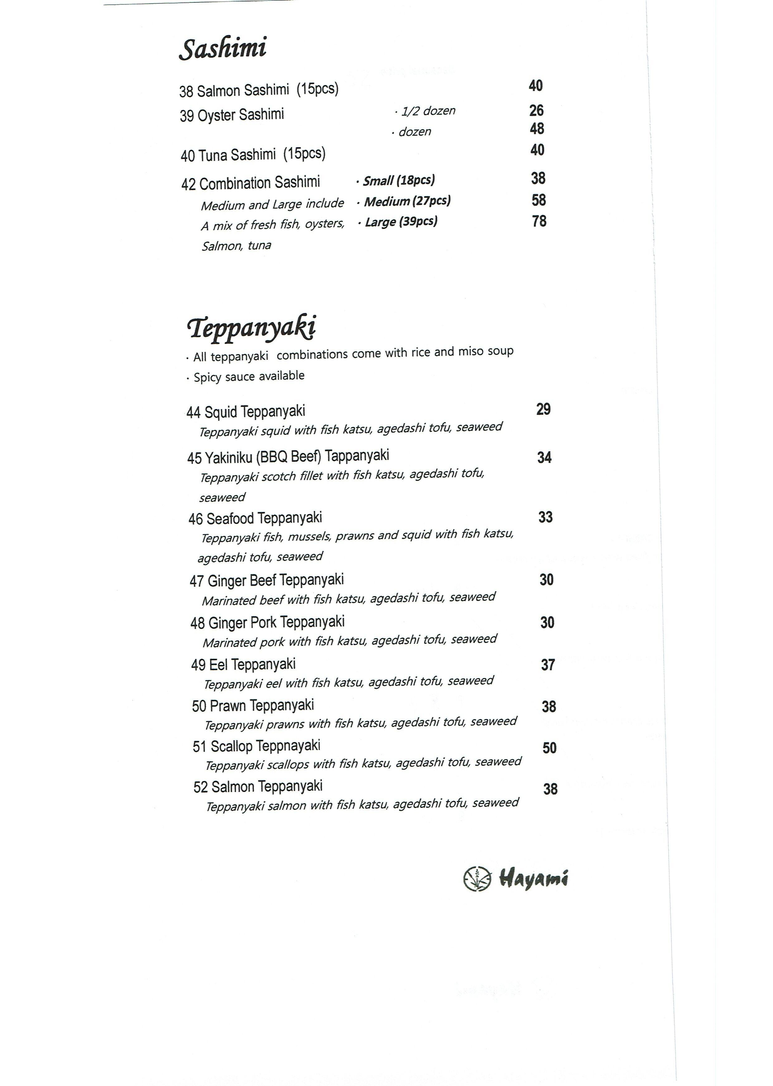 Menu at Hayami restaurant, Orewa
