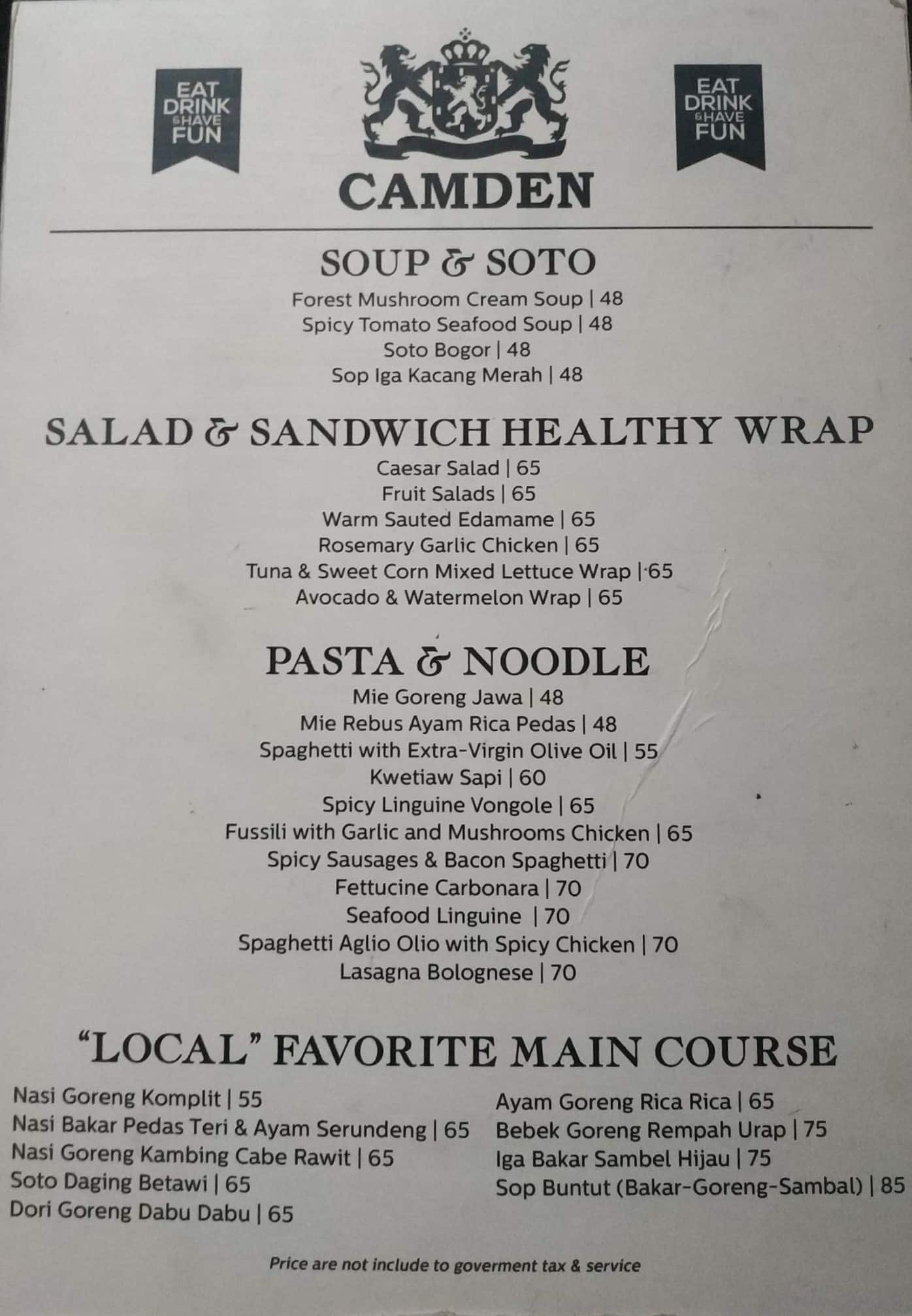 Menu at Camden Bar, Jakarta, Jl. Cikini 2 No.1