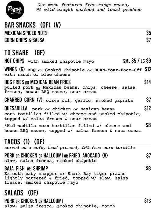 Menu at Piggy Food Co pub & bar, North Fremantle