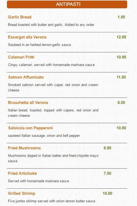 Verona Tavern Menu