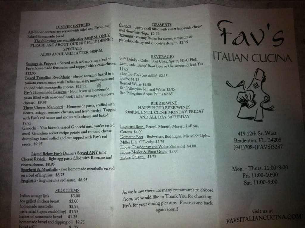 Fav's Italian Cucina Menu - Urbanspoon/Zomato