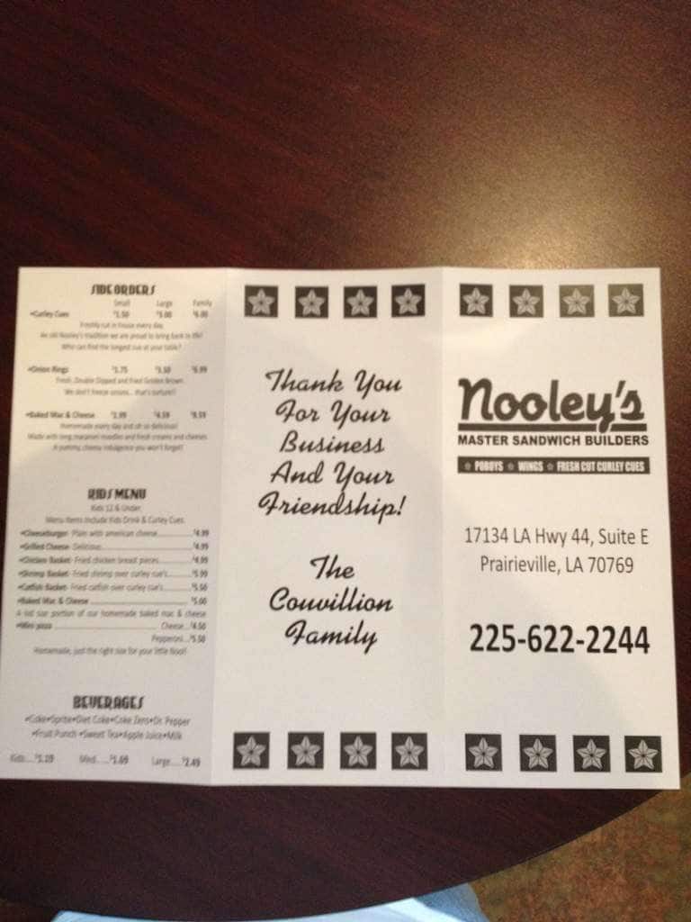 Menu at Nooley's, Prairieville