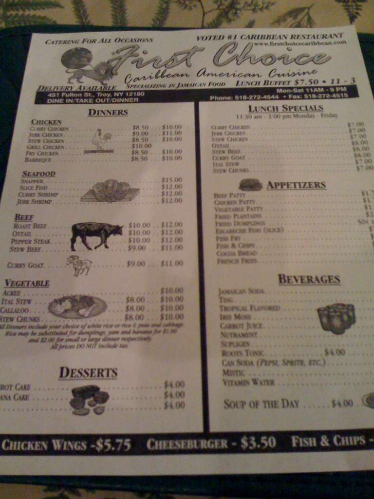 Menu at First Choice Caribbean restaurant, Troy