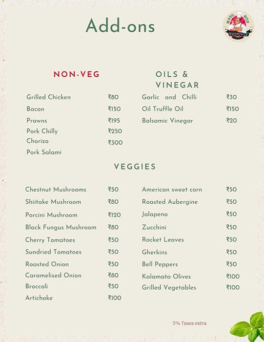 Menu at The Basil Box, New Delhi, 3rd floor