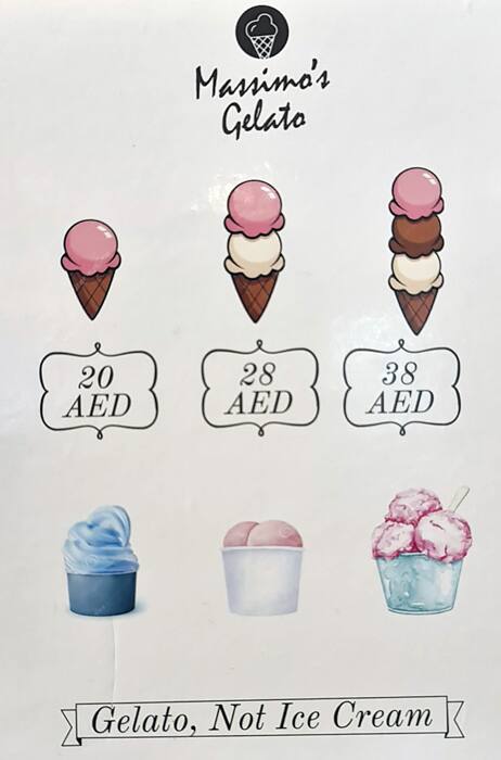 Menu at Massimo's Gelato, Dubai