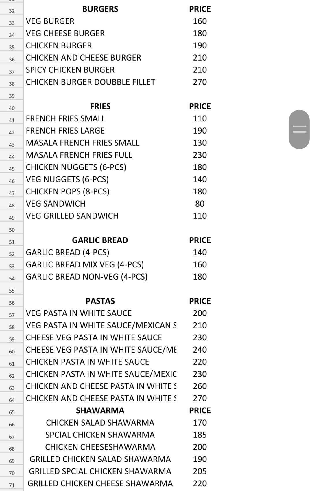 Menu at Foodies World, Hyderabad