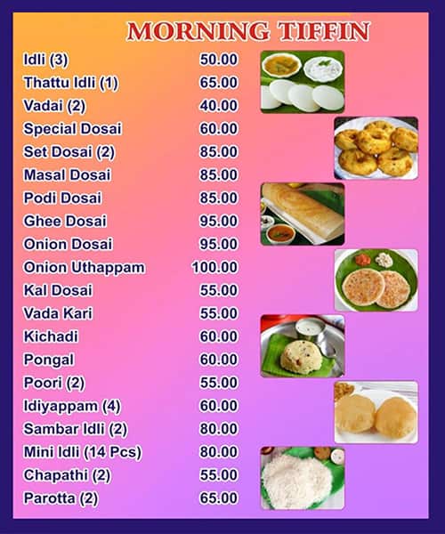 Menu at Chennai Idly shop, Chennai