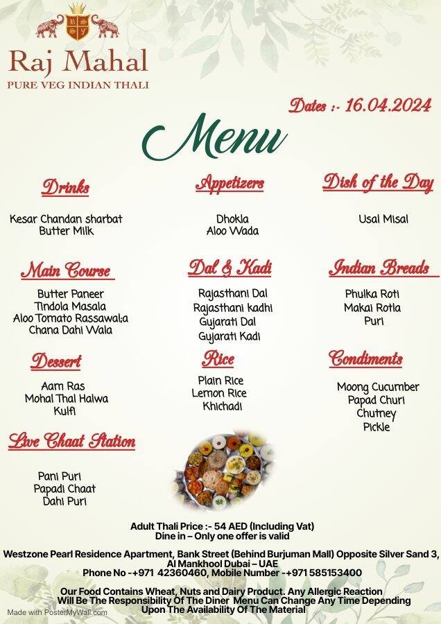 Menu of Raj Mahal, Mankhool, Dubai
