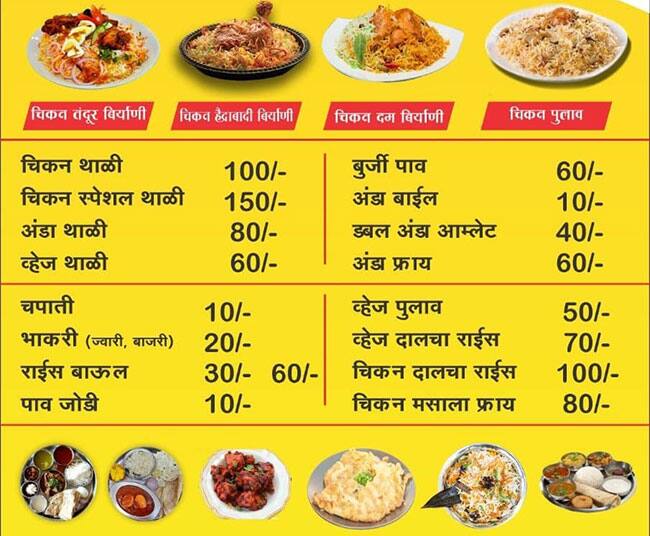 Menu of Shindeshahi, Budhwar Peth, Pune