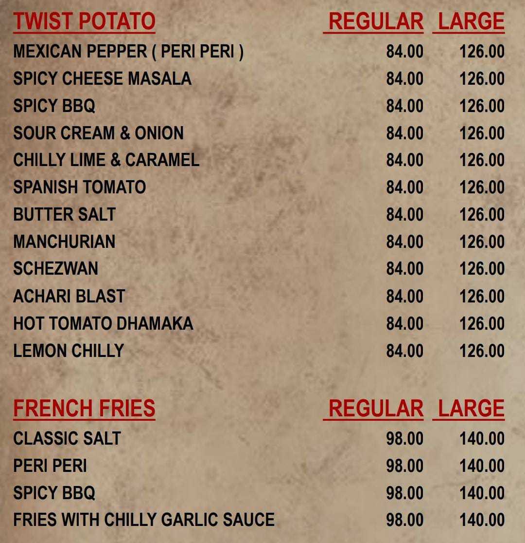 Menu of Twisto Potato, Kammanahalli, Bangalore