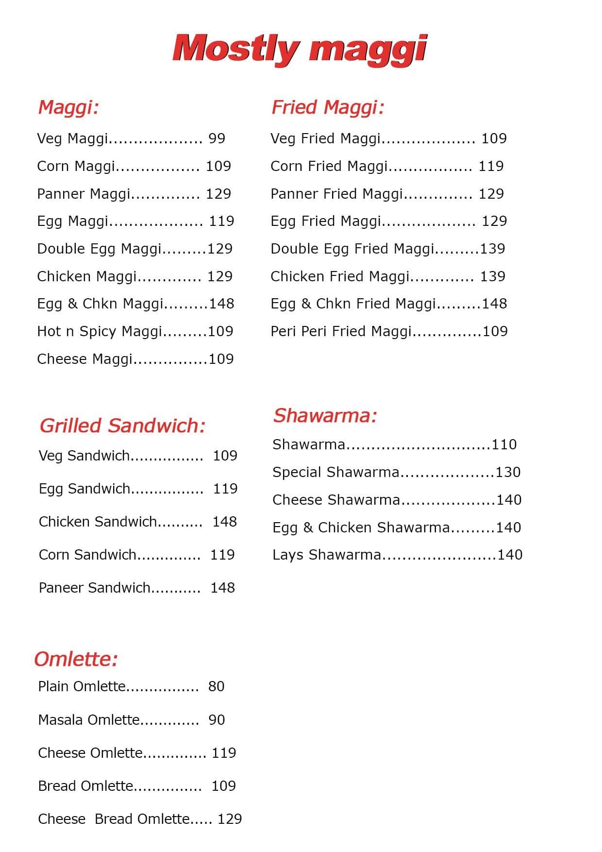 Menu of Mostly Maggi, Gachibowli, Hyderabad