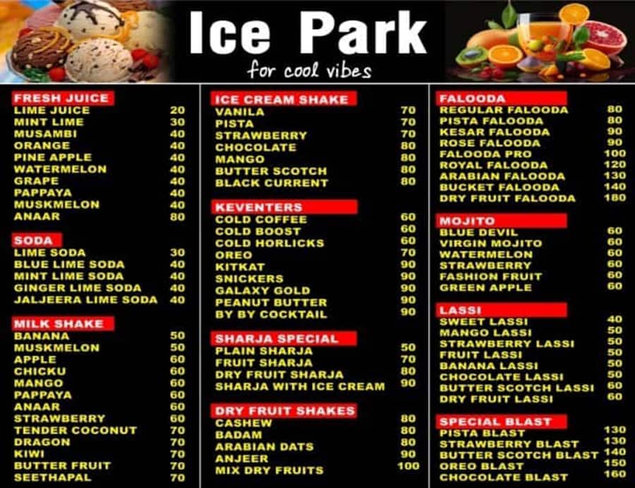Menu of Ice Park, Vijay Nagar, Bangalore