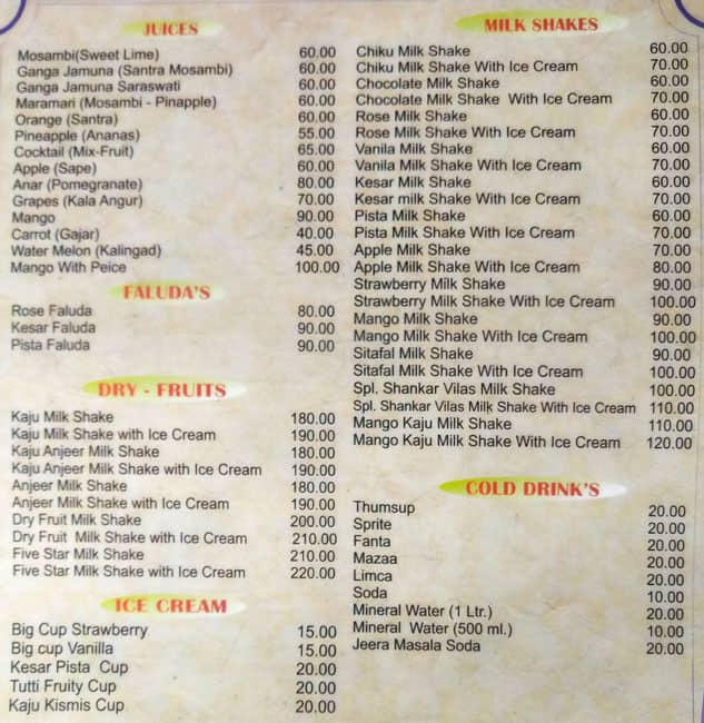 Menu at Shri Shankar Vilas Juice Center, Mumbai