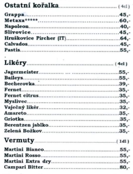 Menu at Trafika Bar 67, Prague, Korunní 1151
