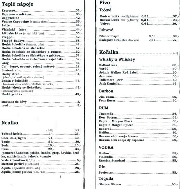 Menu at Trafika Bar 67, Prague, Korunní 1151