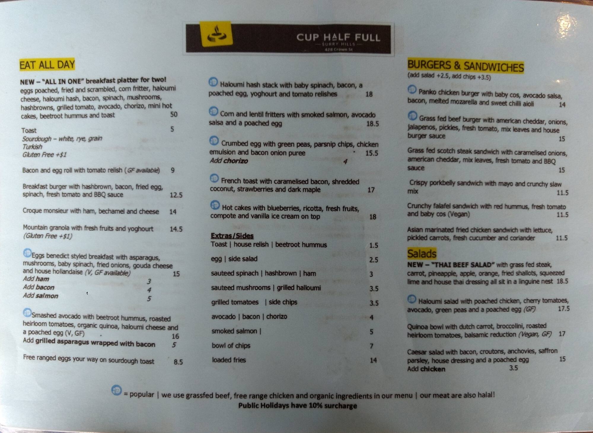 Menu at Cup Half Full cafe, Surry Hills