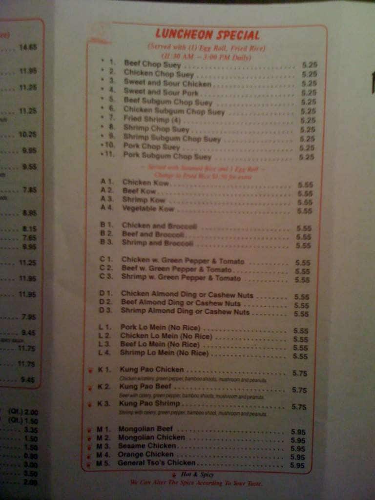 Menu at Moy Goy Inn restaurant, La Grange