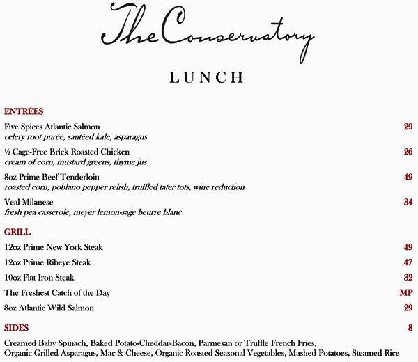 Menu at The Conservatory restaurant, Dallas