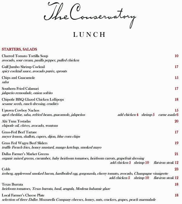 Menu at The Conservatory restaurant, Dallas