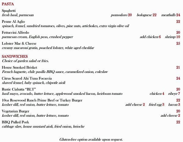 Menu at The Conservatory restaurant, Dallas