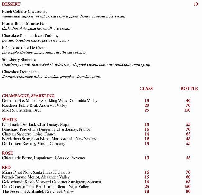 Menu at The Conservatory restaurant, Dallas