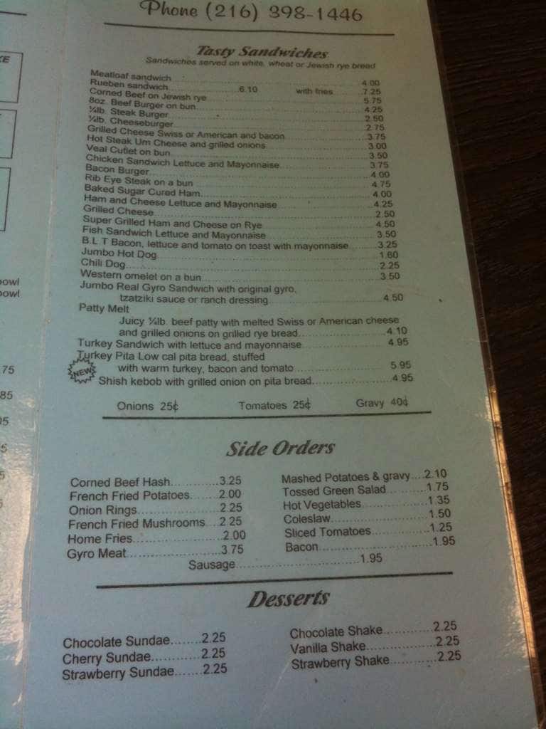 Menu at Sal's restaurant, Cleveland