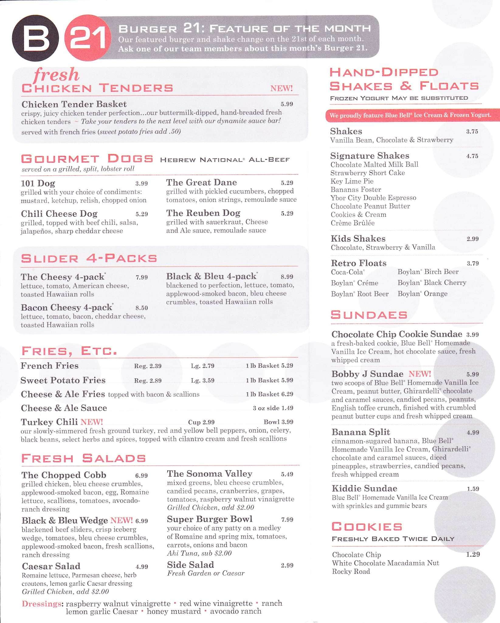 Menu at Burger 21 restaurant, Lakeland, Town Center Dr